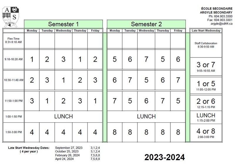 Block Schedule - École Argyle Secondary